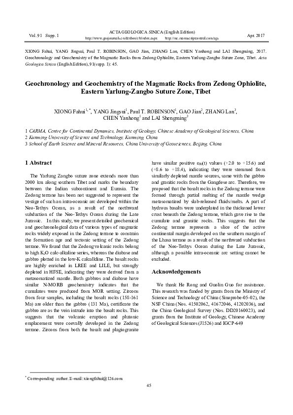 (PDF) Geochronology and Geochemistry of the Magmatic Rocks from Zedong Ophiolite, Eastern ...