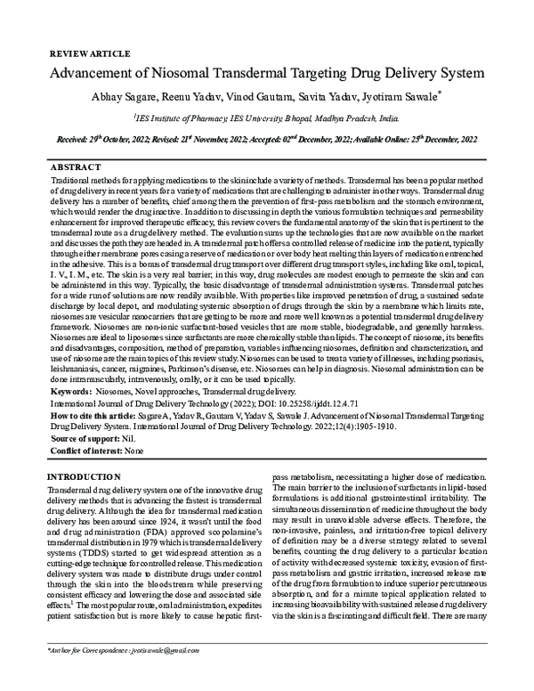 (PDF) Advancement of Niosomal Transdermal Targeting Drug Delivery System | jyotiram sawale ...