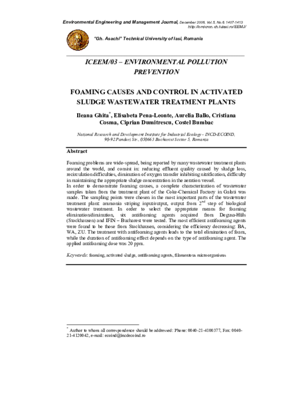 (PDF) Foaming Causes and Control in Activated Sludge Wastewater ...