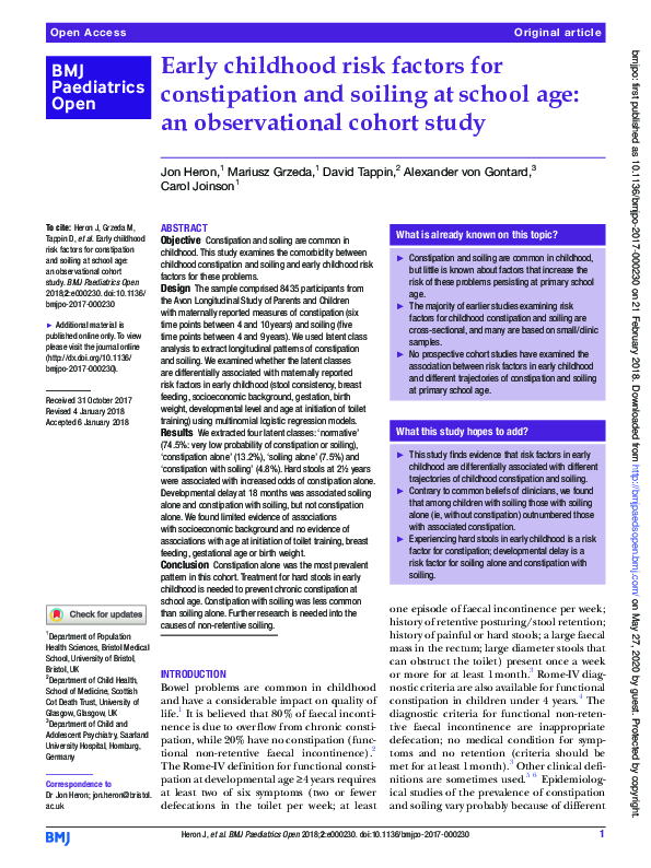 (PDF) Early childhood risk factors for constipation and soiling at ...