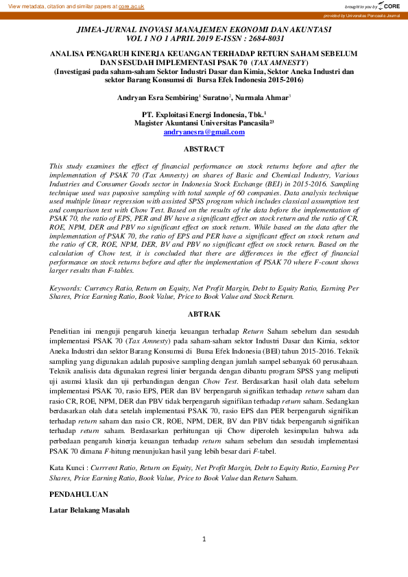 (PDF) ANALISA PENGARUH KINERJA KEUANGAN TERHADAP RETURN SAHAM SEBELUM ...