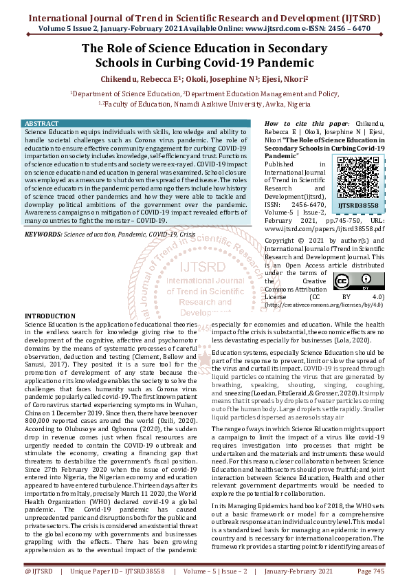 (PDF) The Role of Science Education in Secondary Schools in Curbing ...