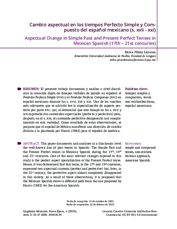 (PDF) Cambio aspectual en los tiempos Perfecto Simple y Compuesto del ...