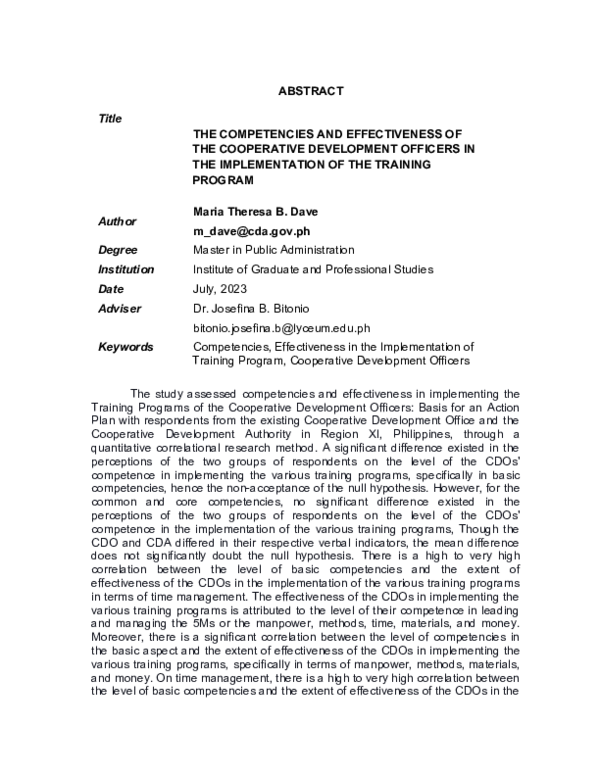 (DOC) THE COMPETENCIES AND EFFECTIVENESS OF THE COOPERATIVE DEVELOPMENT ...