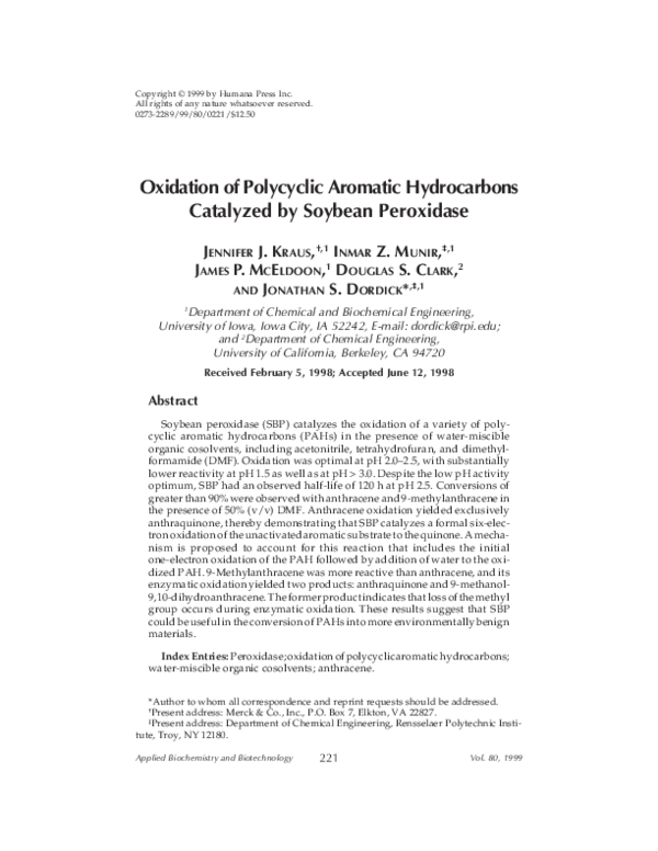 (PDF) Oxidation of Polycyclic Aromatic Hydrocarbons Catalyzed by Soybean Peroxidase