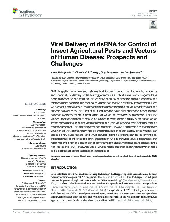 (PDF) Viral Delivery of dsRNA for Control of Insect Agricultural Pests ...