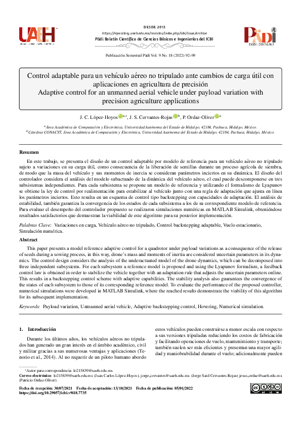 (PDF) Control adaptable para un vehículo aéreo no tripulado ante cambios de carga útil con ...