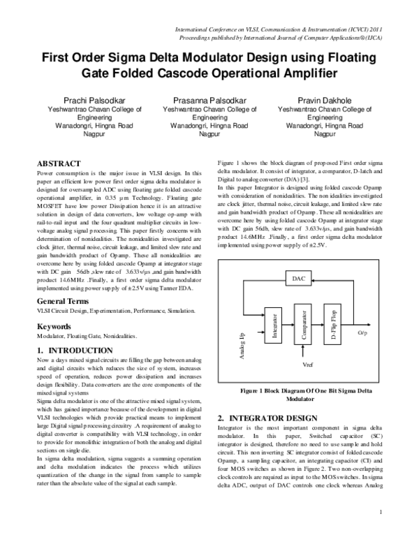 (PDF) First Order Sigma Delta Modulator Design using Floating Gate Folded Cascode Operational ...