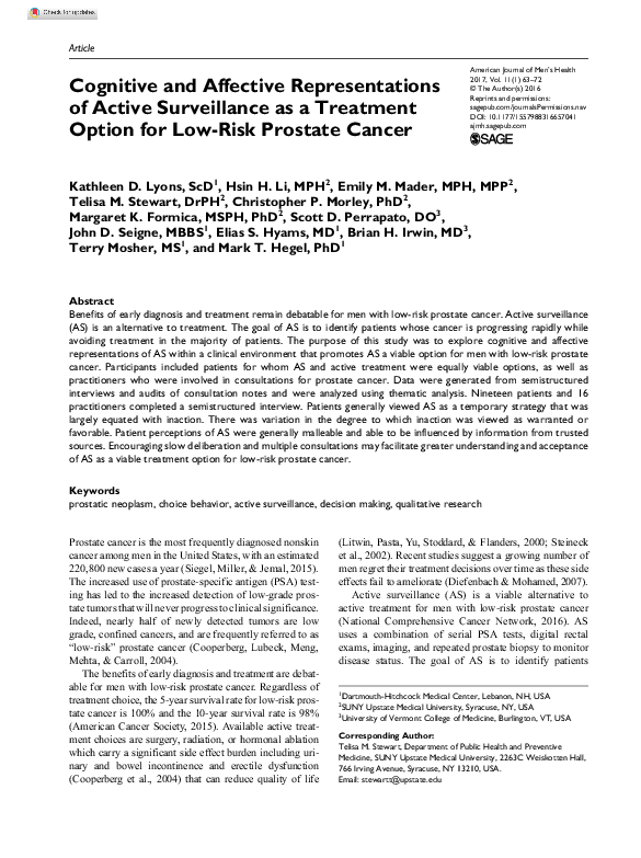 (PDF) Cognitive and Affective Representations of Active Surveillance as a Treatment Option for ...