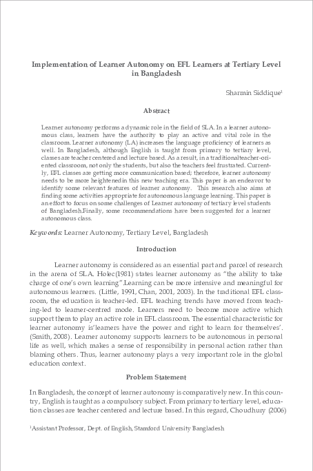(PDF) Implementation of Learner Autonomy on EFL Learners at Tertiary Level in Bangladesh