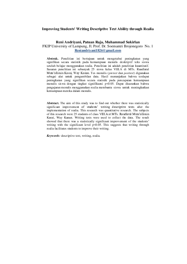 (PDF) Improving Students' Writing Descriptive Text Ability Through Realia