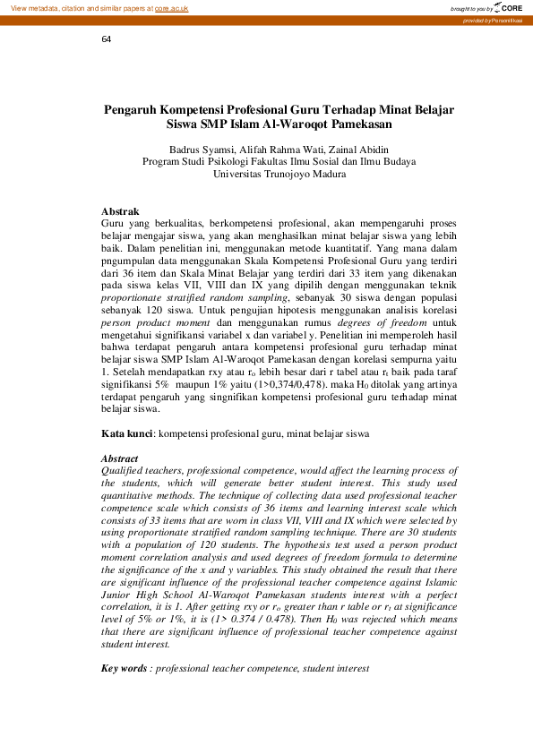 (PDF) Pengaruh Kompetensi Profesional Guru Terhadap Minat Belajar Siswa SMP Islam Al-Waroqot ...