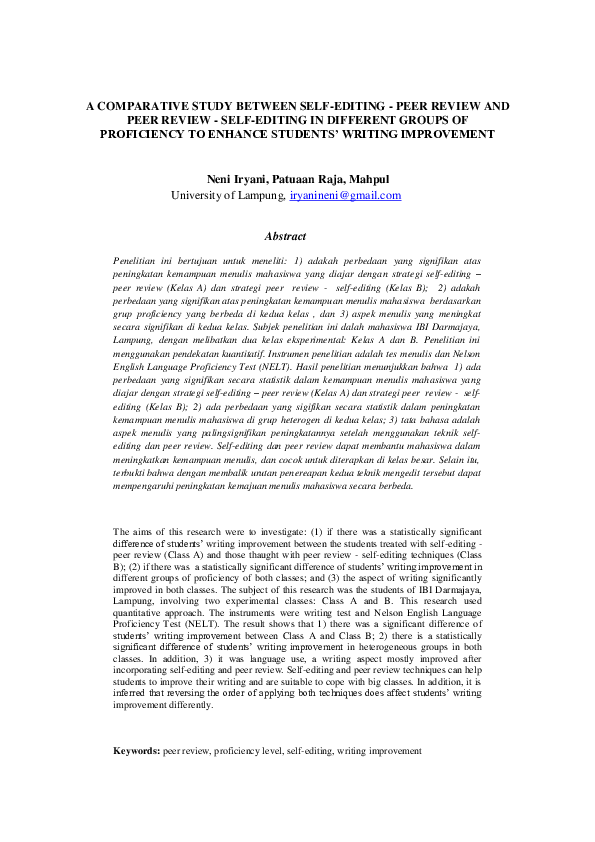 (PDF) A Comparative Study between Self-Editing - Peer Review and Peer ...