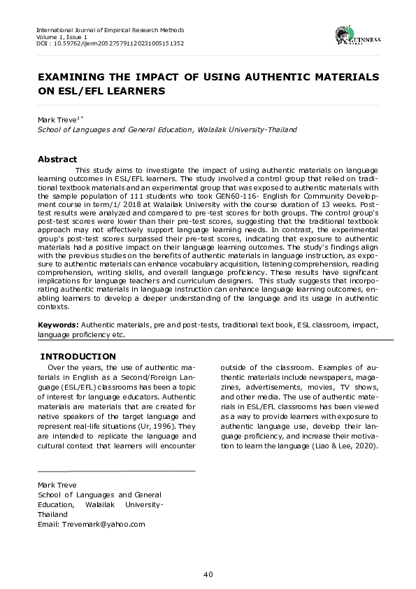 (PDF) EXAMINING THE IMPACT OF USING AUTHENTIC MATERIALS ON ESL/EFL LEARNERS