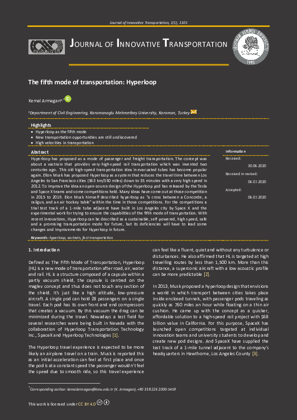 (PDF) The fifth mode of transportation: Hyperloop