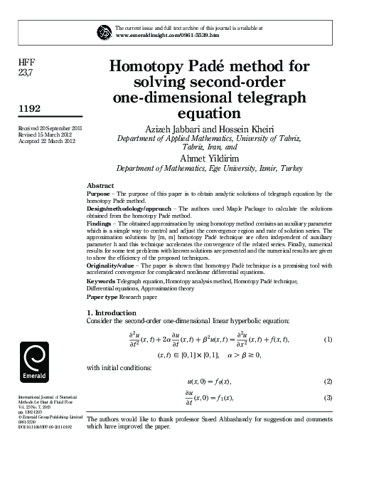 (PDF) Homotopy Padé method for solving second-order one-dimensional telegraph equation