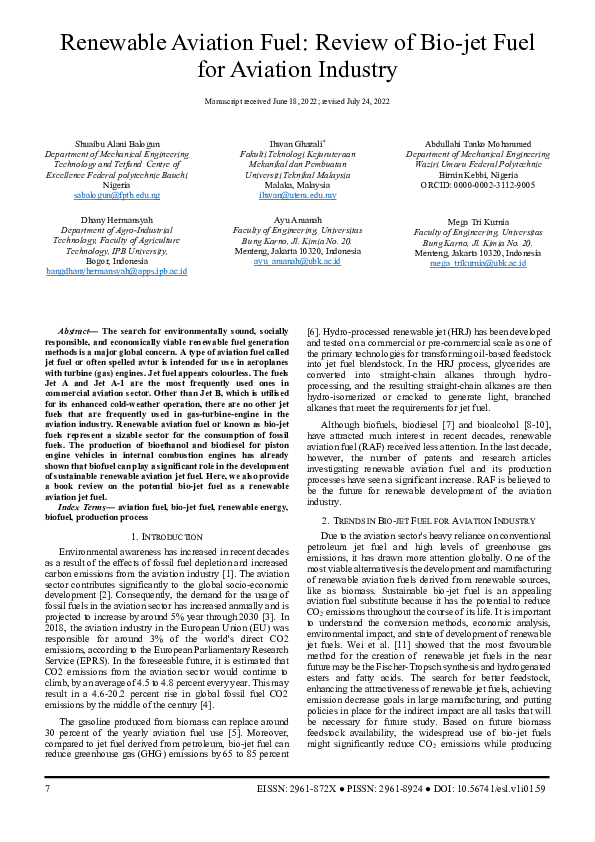 (PDF) Renewable Aviation Fuel: Review of Bio-jet Fuel for Aviation Industry