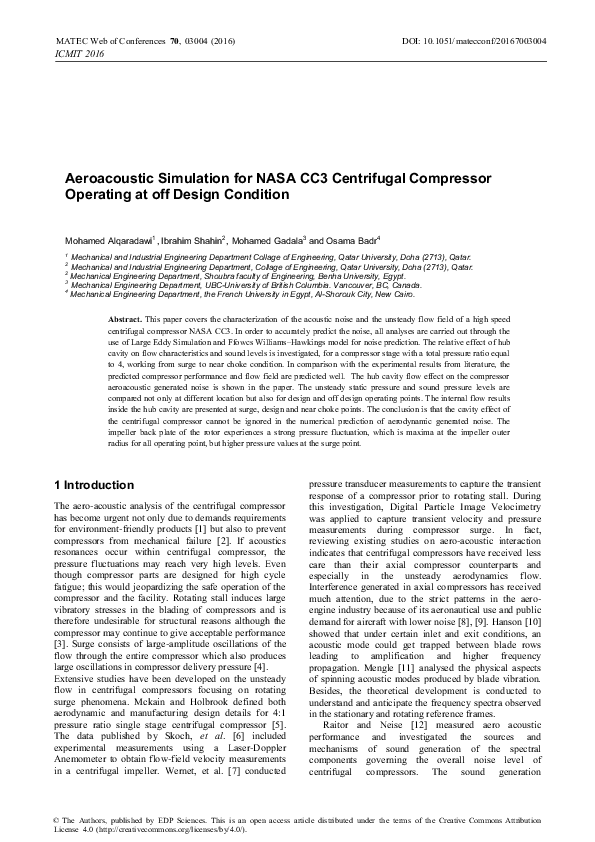 (PDF) Aeroacoustic Simulation for NASA CC3 Centrifugal Compressor Operating at off Design ...