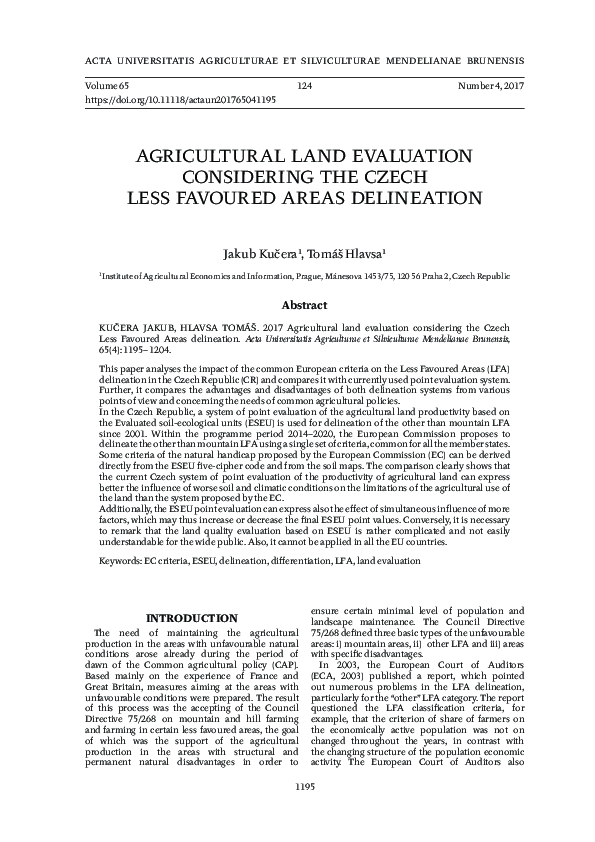 (PDF) Agricultural Land Evaluation Considering the Czech Less Favoured ...