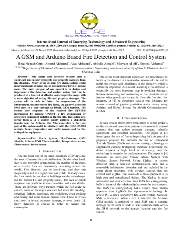 Pdf A Gsm And Arduino Based Fire Detection And Control System Alya