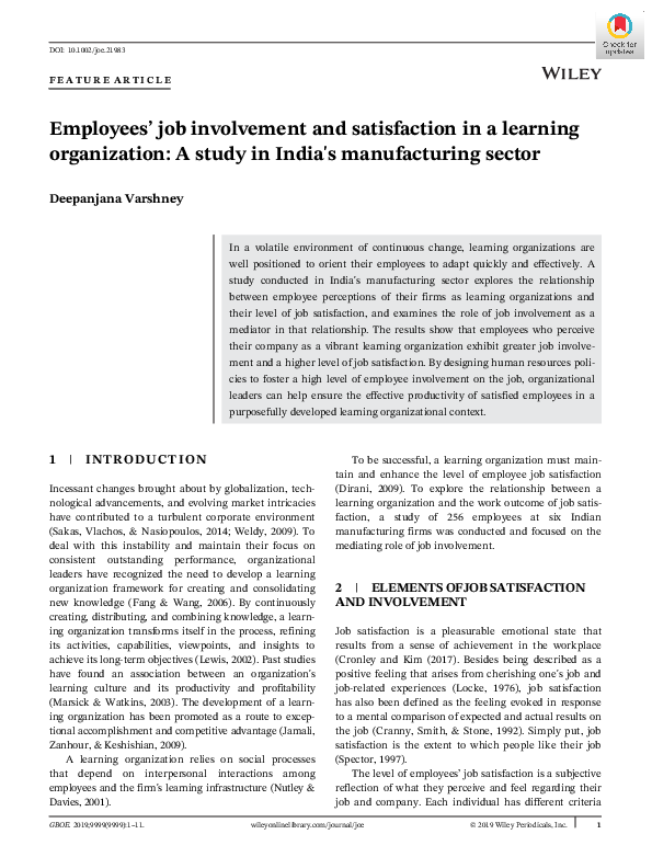 (PDF) Employees’ job involvement and satisfaction in a learning organization: A study in India's ...