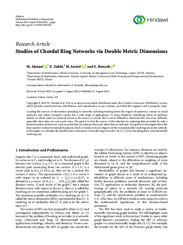(PDF) Studies of Chordal Ring Networks via Double Metric Dimensions