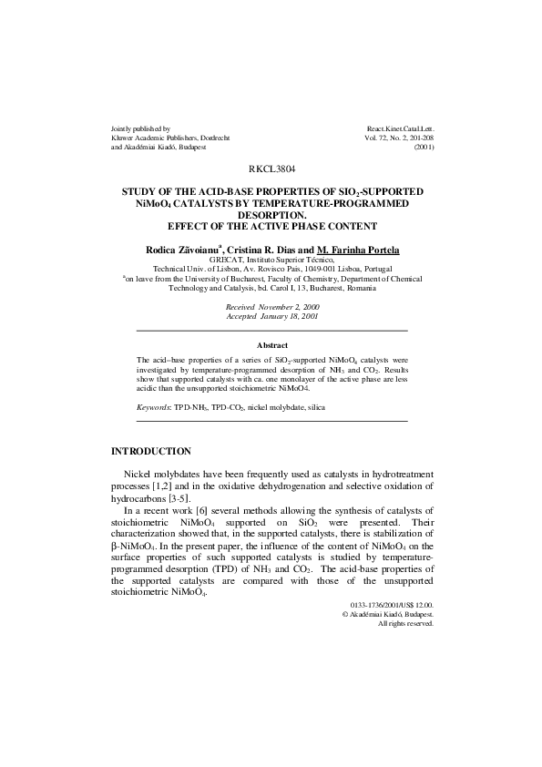 (PDF) Study of the acid-base properties of SiO2-supported NiMoO4 catalysts by temperature ...