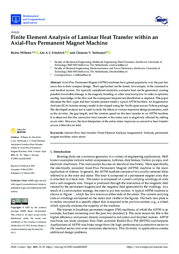 Pdf Finite Element Analysis Of Laminar Heat Transfer Within An Axial Flux Permanent Magnet Machine