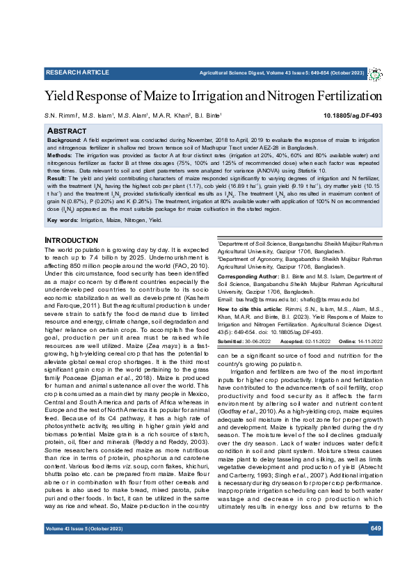 (PDF) Yield Response of Maize to Irrigation and Nitrogen Fertilization