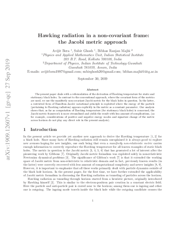 (PDF) Hawking radiation in a non-covariant frame: the Jacobi metric ...