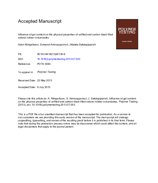 (PDF) Influence of gel content on the physical properties of unfilled ...