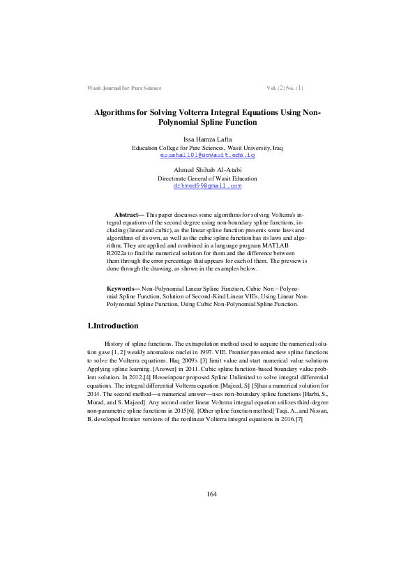 (PDF) Algorithms for Solving Volterra Integral Equations Using Non-Polynomial Spline Function