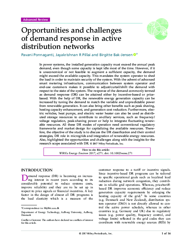 (PDF) Opportunities and challenges of demand response in active ...