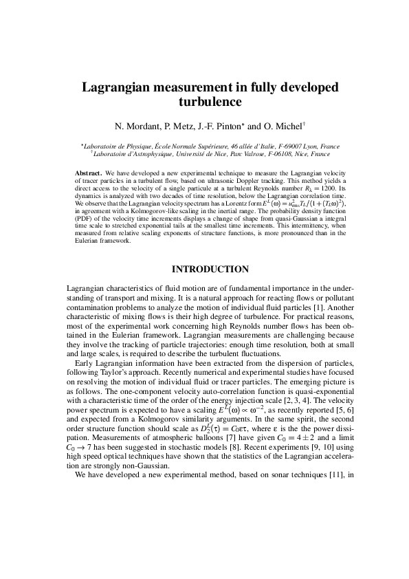 (PDF) Lagrangian measurement in fully developed turbulence