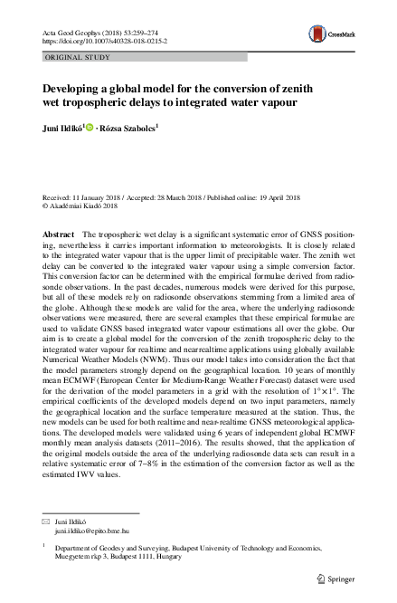 (PDF) Developing a global model for the conversion of zenith wet tropospheric delays to ...