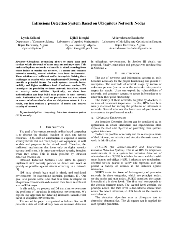 (PDF) Intrusions Detection System Based on Ubiquitous Network Nodes | Lynda SELLAMI - Academia.edu