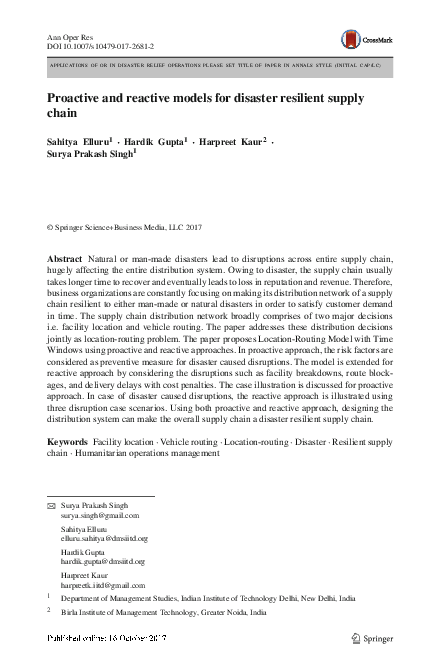 (PDF) Proactive and reactive models for disaster resilient supply chain