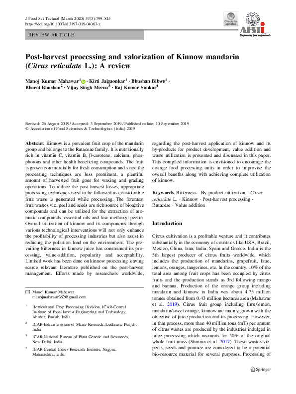 (PDF) Post-harvest processing and valorization of Kinnow mandarin (Citrus reticulate L.): A review