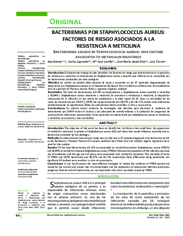 (PDF) Bacteremias por staphylococcus aureus: factores de riesgo asociados a la resistencia a ...
