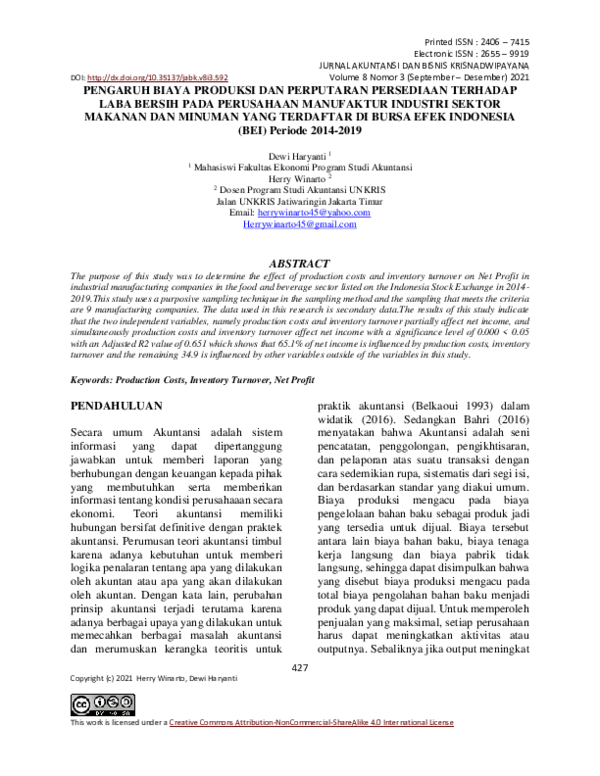 (PDF) PENGARUH BIAYA PRODUKSI DAN PERPUTARAN PERSEDIAAN TERHADAP LABA ...