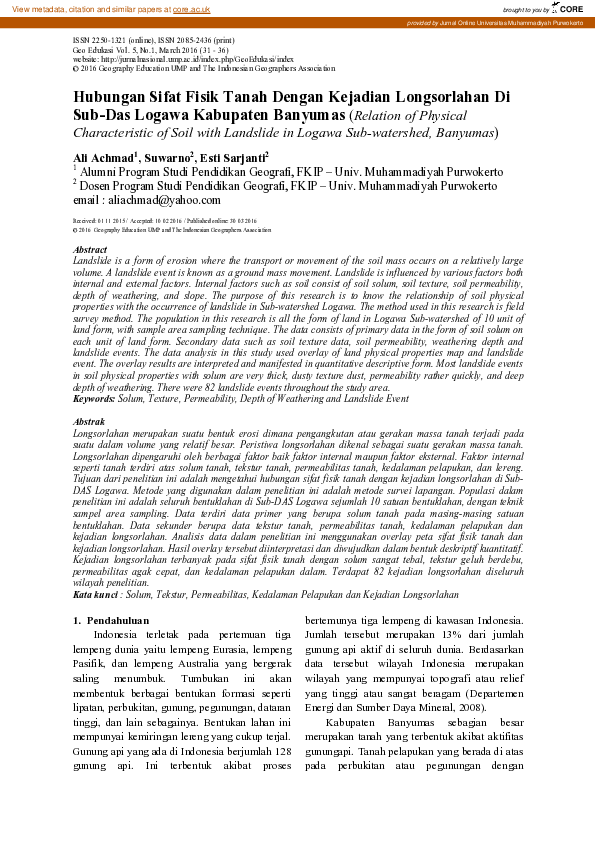 (PDF) Hubungan Sifat Fisik Tanah dengan Kejadian Longsorlahan di Sub ...
