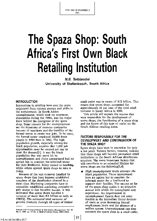 (PDF) The Spaza Shop: South Africa′S First Own Black Retailing Institution