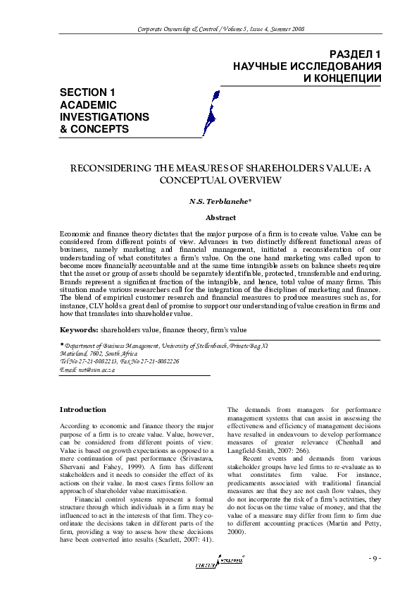 (PDF) Reconsidering the measures of shareholders value: a conceptual overview