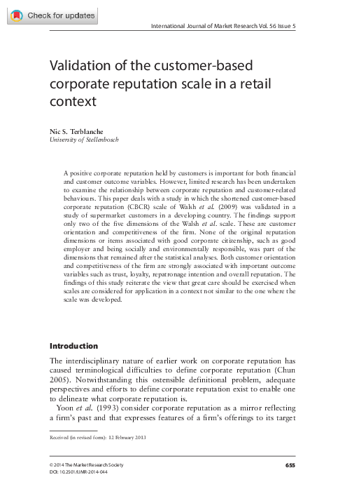 (PDF) Validation of the Customer-Based Corporate Reputation Scale in a Retail Context