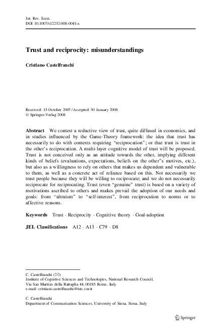 (PDF) Trust and reciprocity: misunderstandings