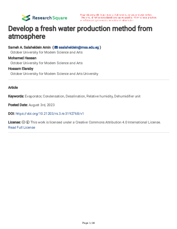 (PDF) Develop a fresh water production method from atmosphere