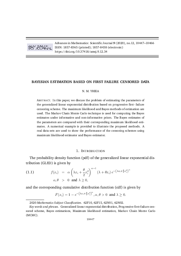 (PDF) BAYESIAN ESTIMATION BASED ON FIRST FAILURE CENSORED DATA | Nashwa Yhia - Academia.edu