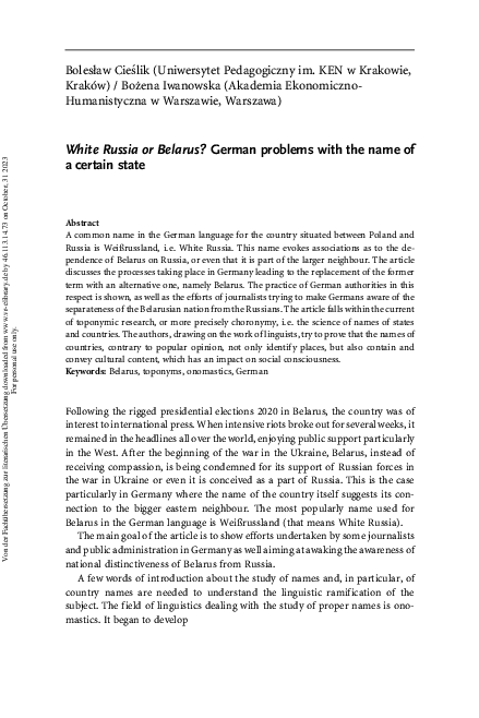(PDF) White Russia or Belarus? German Problems with the Name of a ...