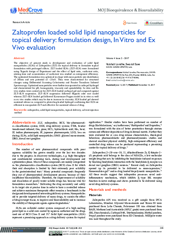 (PDF) Zaltoprofen Loaded Solid Lipid Nanoparticles for Topical Delivery: Formulation Design, In ...
