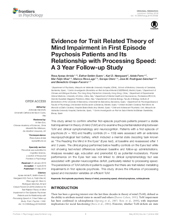 (PDF) Evidence for Trait Related Theory of Mind Impairment in First ...